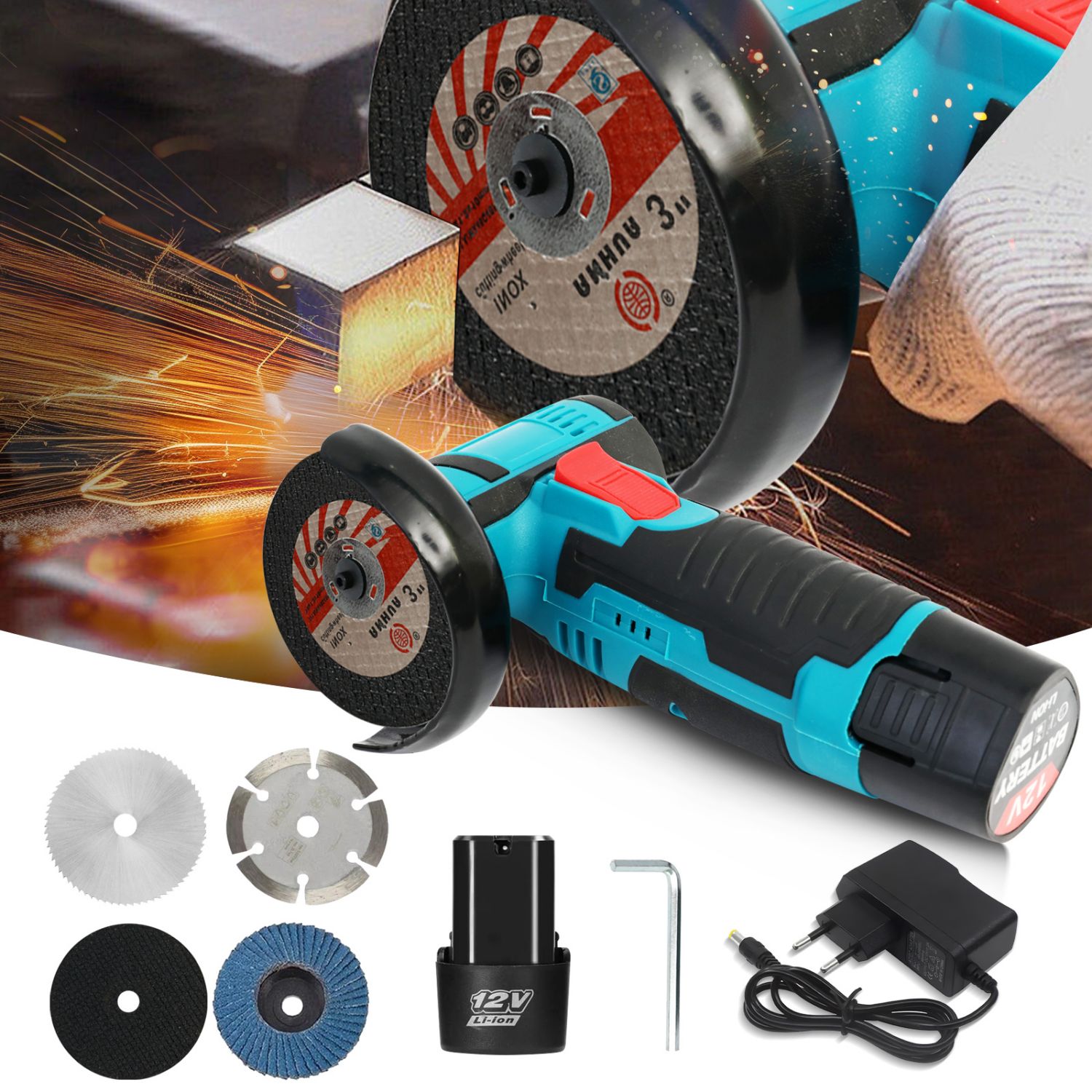 12V Cordless Angle Grinder,Electric Angle Grinder with Brushed Motor ...